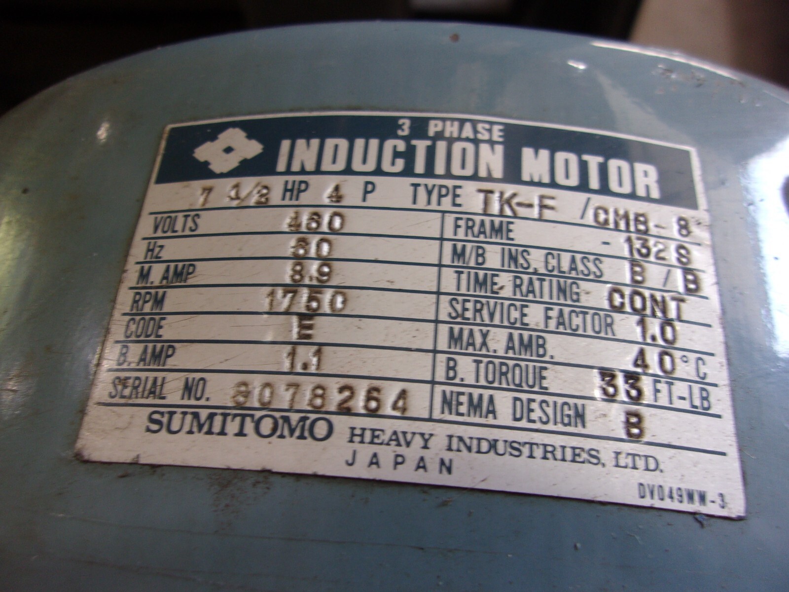 SUMITOMO SM-CYCLO HM8-894B 7.5hp 1750rpm 187:1 F-132S TK-F/CMB-8 GEAR ...