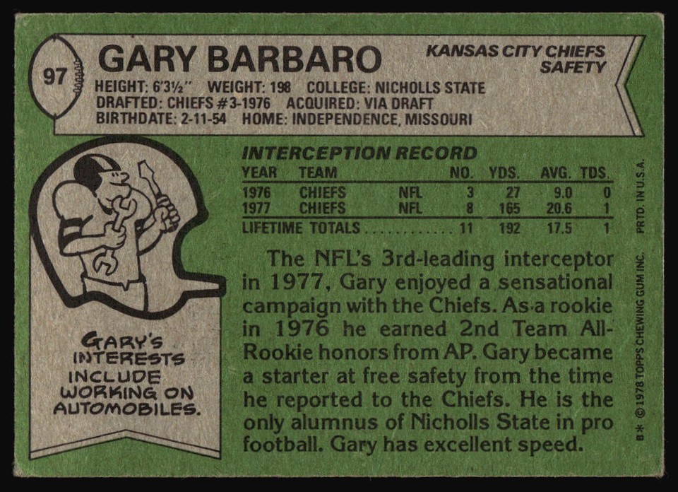 1978 Topps Gary Barbaro Rookie #97 Kansas City Chiefs L3 | eBay