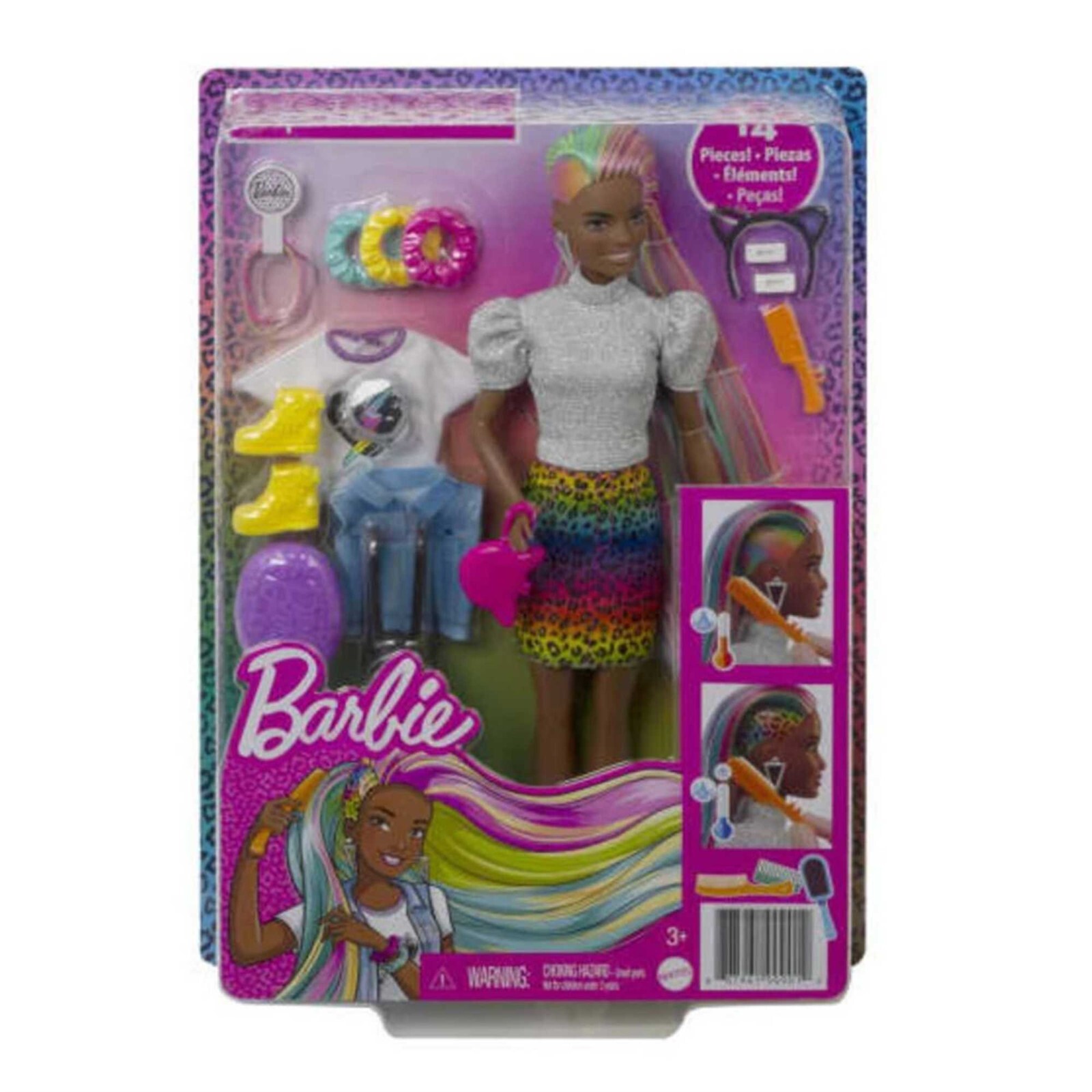 BARBIE DOLL FIGURE LEOPARD RAINBOW HAIR 14 ACCESSORIES POSEABLE AGE 3 ...
