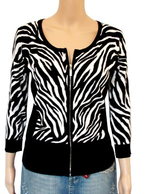 Carmen Printed Cardigan Full Zip Sweater Black & White Zebra Print ...