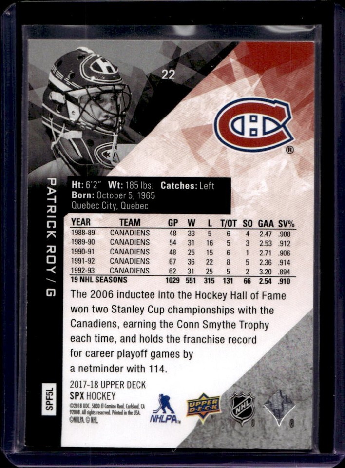 Patrick Roy 2017-18 SPx #22 Spectrum /33 | eBay