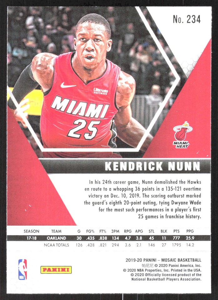 Kendrick Nunn 2019 Panini Mosaic Rookie A Card #234 | eBay