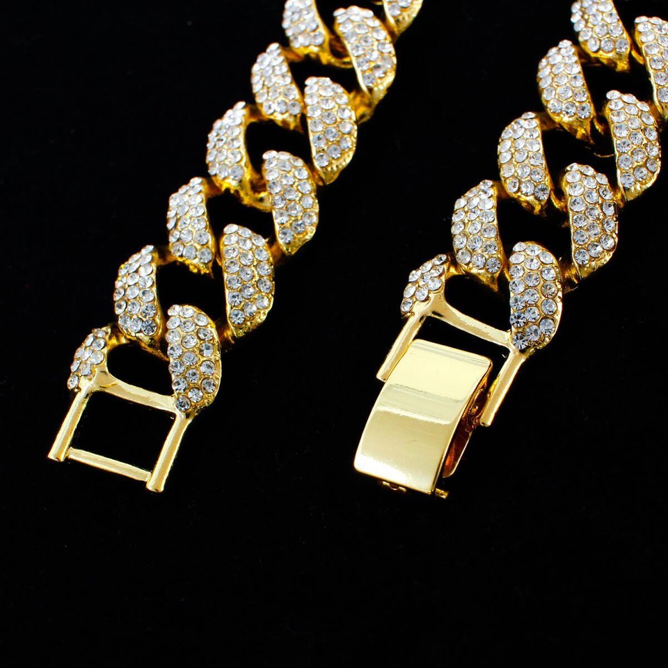 HIP HOP SIMULATED DIAMOND LUXURY METAL BAND WATCH & ICED CUBAN BRACELET ...