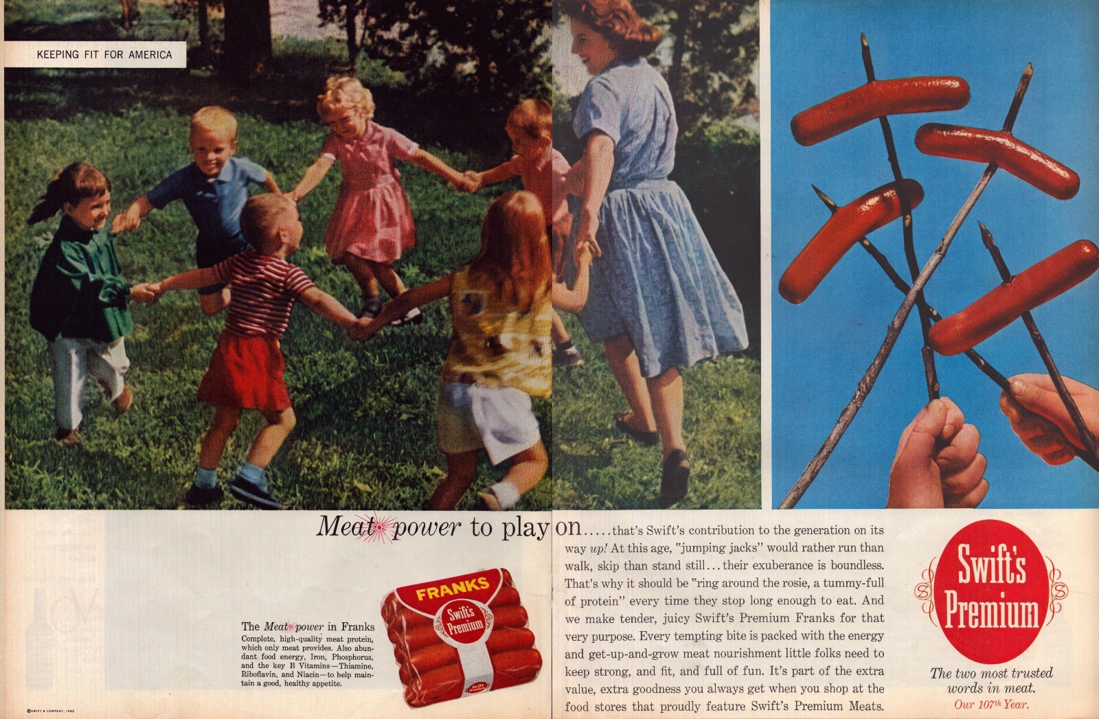 1962 Swifts Premium Franks TWO PAGE Print Ad Hot Dogs Ring Around The ...