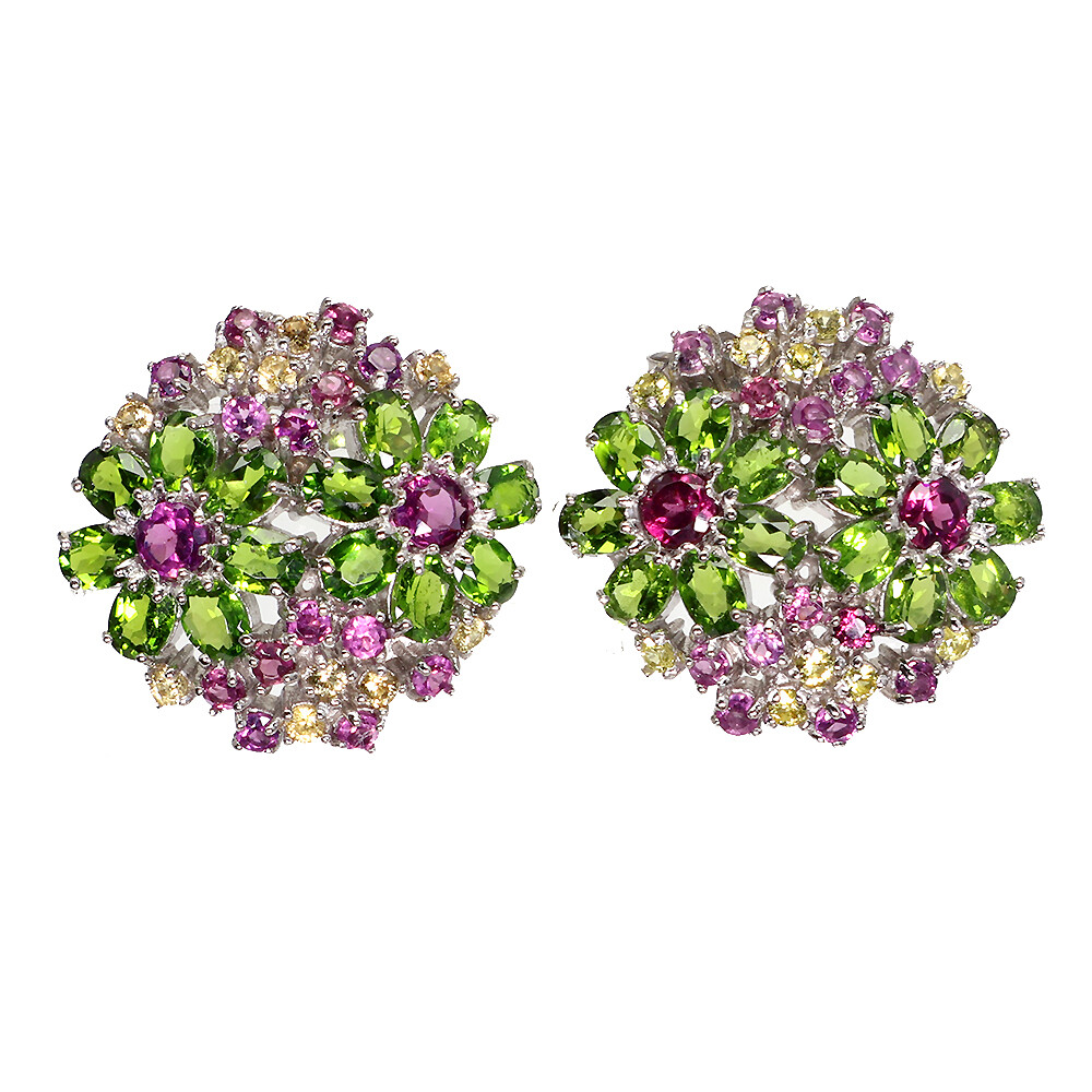 925 Sterling Silver Earrings Oval Chrome Diopside Sapphire Rhodolite ...