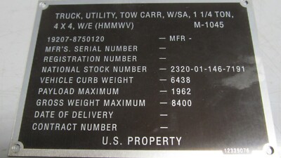 Humvee M-1045 Data Plate Blank | eBay