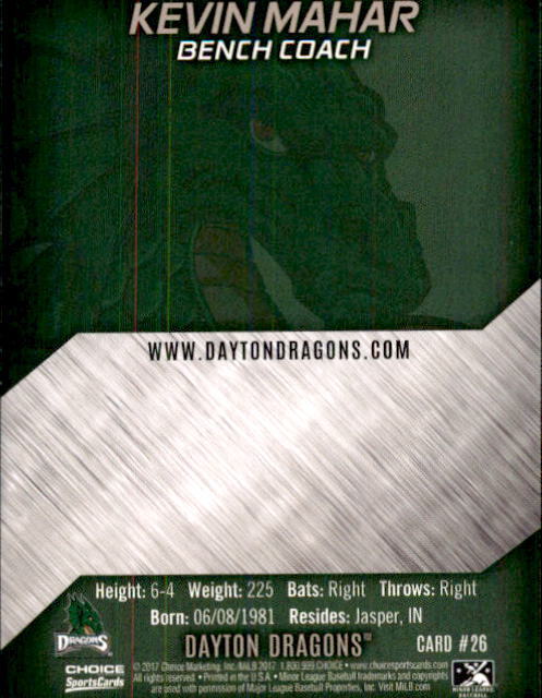 2017 Dayton Dragons Choice #26 Kevin Mahar jasper Indiana IN Baseball ...