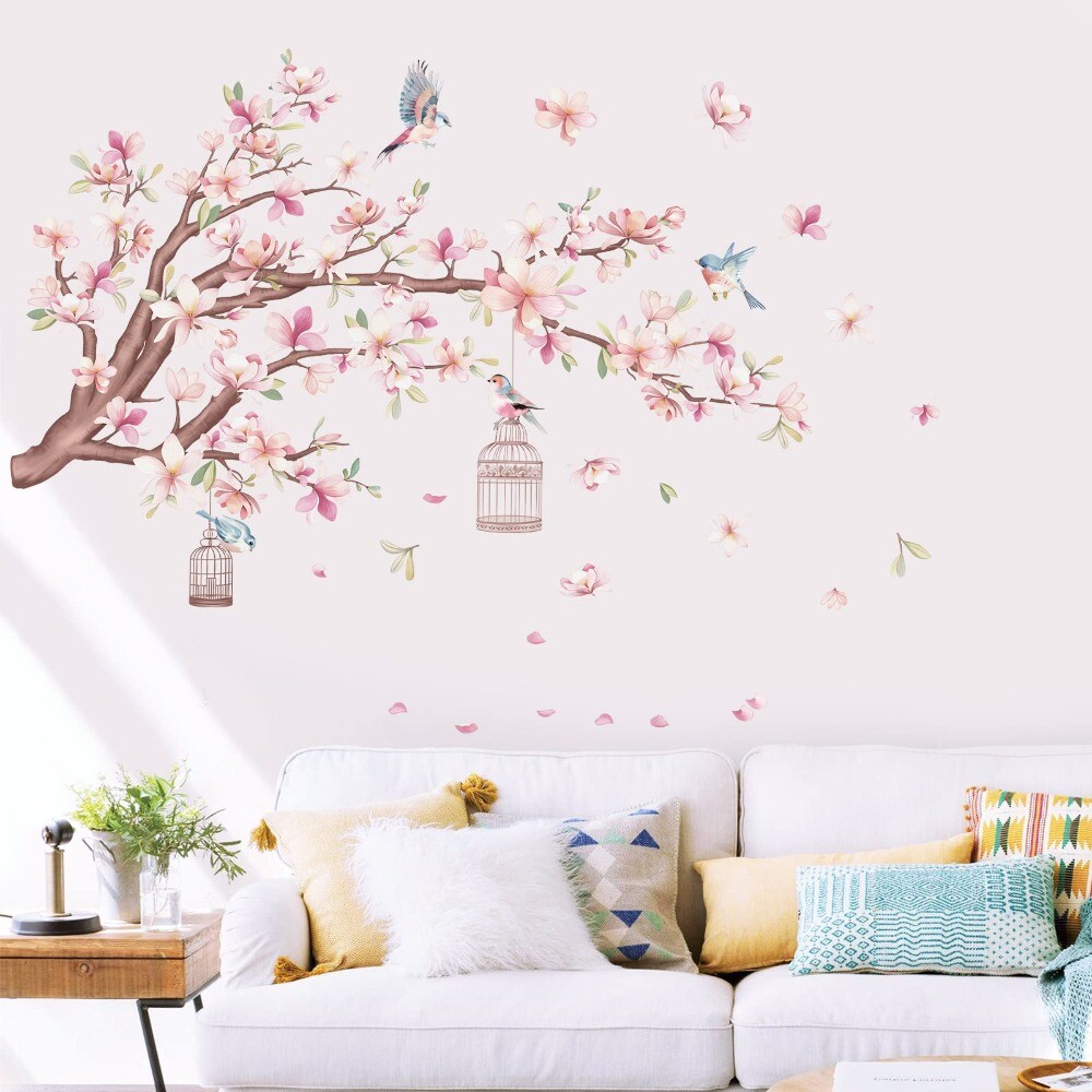 Flying Birds Cherry Blossom Wall Stickers Pink Tree Wall Decals Living ...