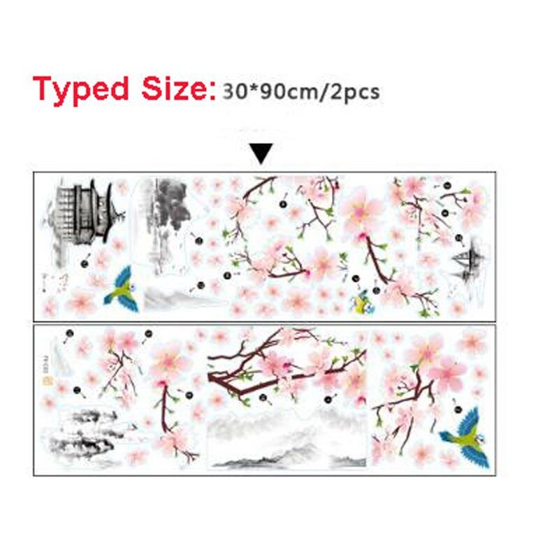 Large Cherry Blossom Branch Wall Stickers Pink Flower Bird Wall Decals ...