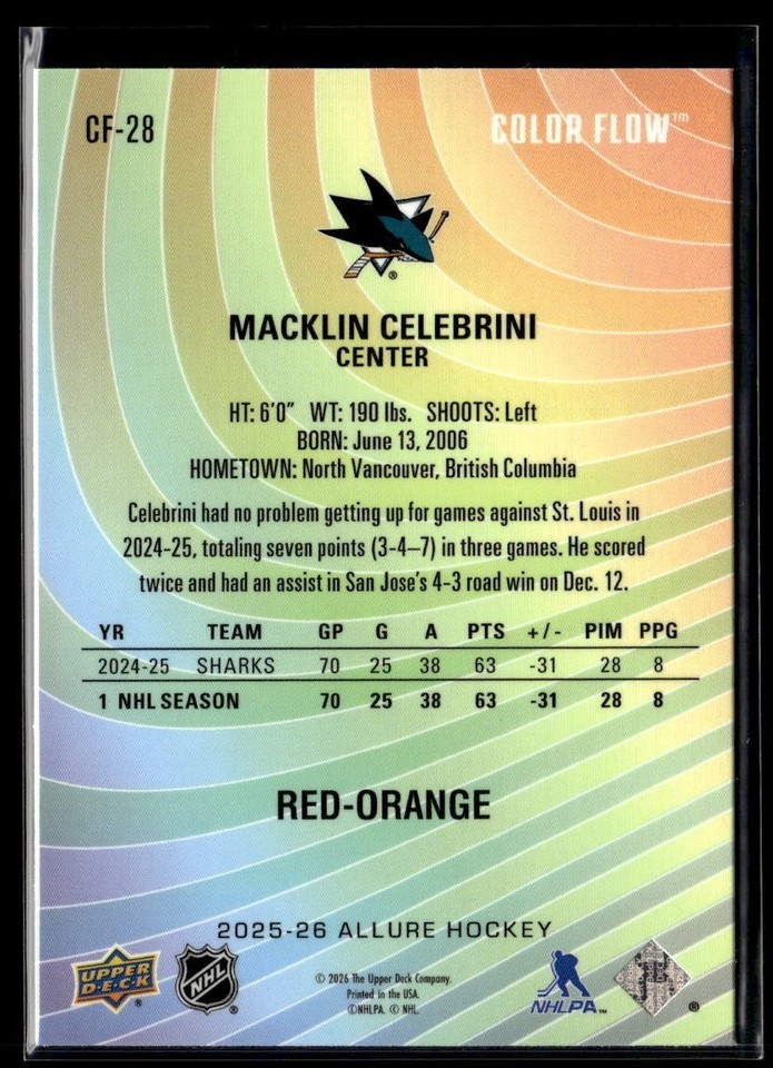 2025-26 Upper Deck Allure Red Orange Macklin Celebrini | eBay