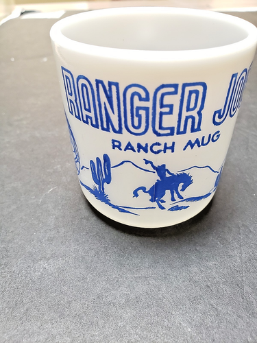 Vintage HAZEL ATLAS Blue Ranger Joe Ranch Mug With Handle - Milk Glass ...