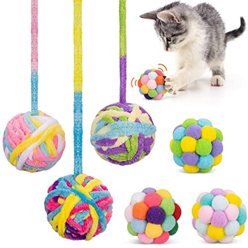 Cat Toys Ball, Woolen Yarn with Bell & Fuzzy Balls, Interactive Chew ...