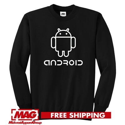 ANDROID BLACK CREWNECK Logo Tech Computer Geek Cool Sweatshirt OS Phone ...
