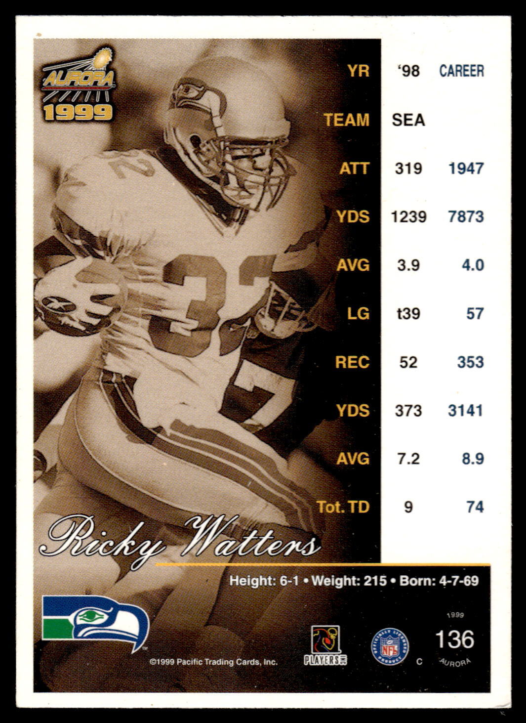 1999 Pacific Aurora - #136 Ricky Watters for sale online | eBay