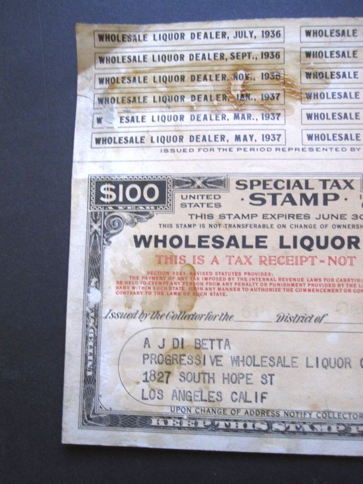 vTg 1937 $100 Wholesale Liquor Dealer Special Tax Stamp CALIF w ...
