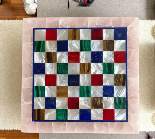 Handmade Rose Quartz Chess Set: Inlay Gemstone Board, Collectible Decor ...