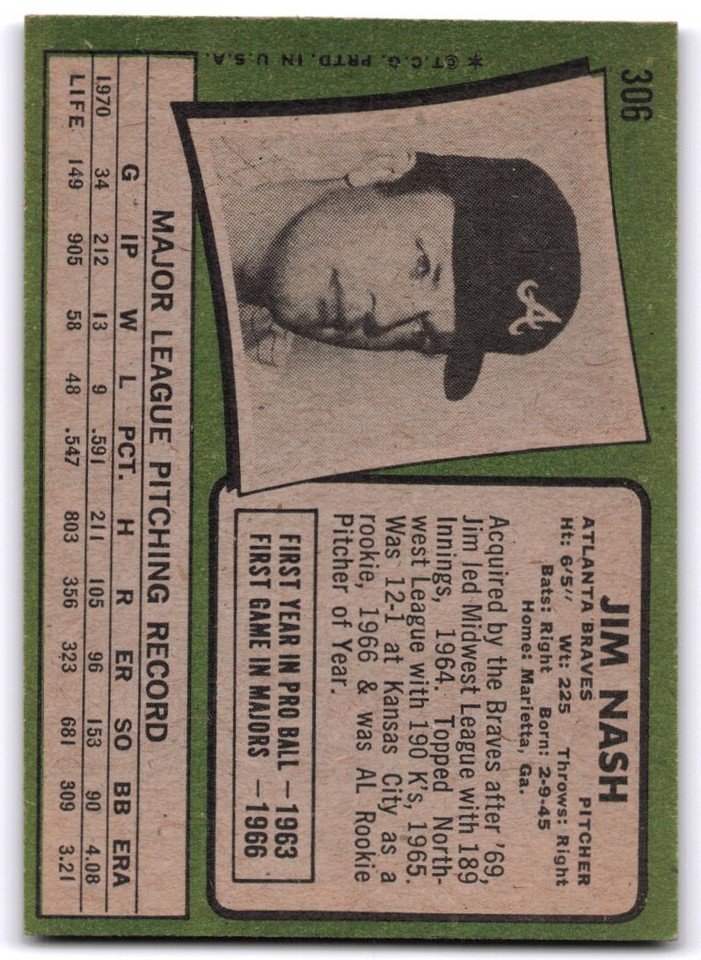 1971 Topps Jim Nash Atlanta Braves #306 | eBay
