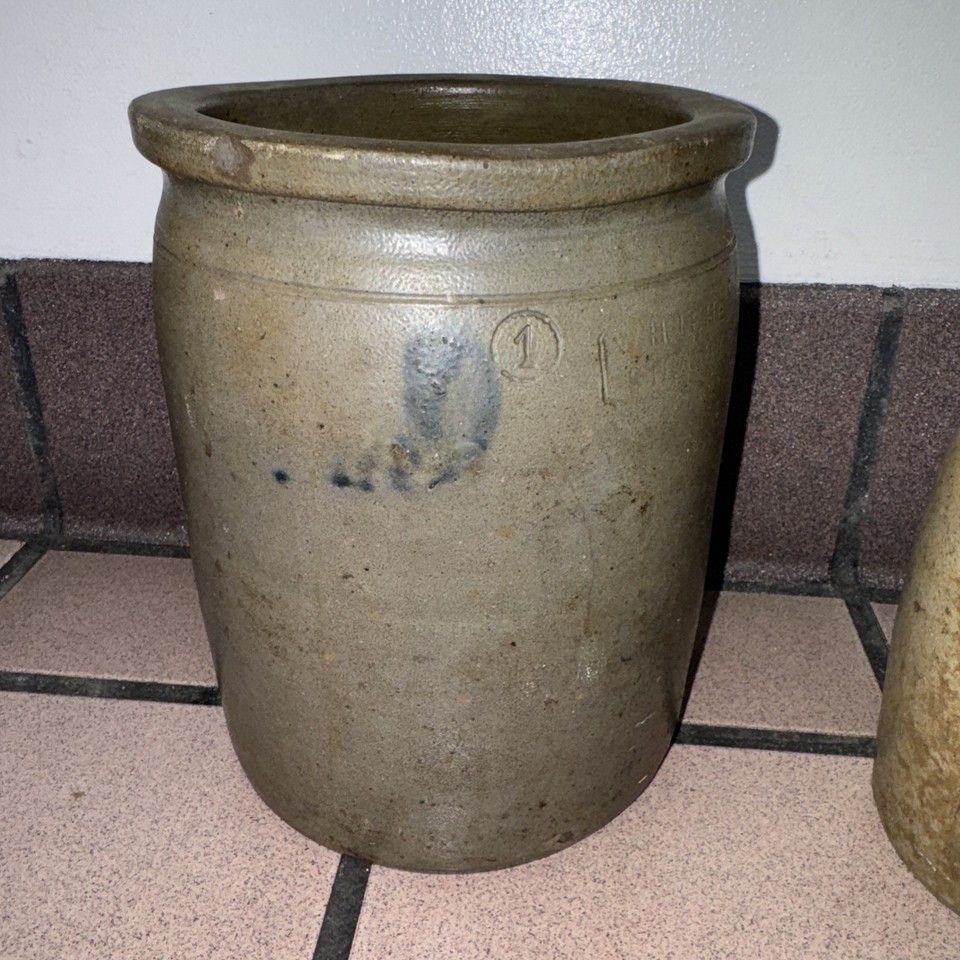 2- ANTIQUE DECORATED 1 GALLON CROCKS 9" & Smaller One 7" | eBay