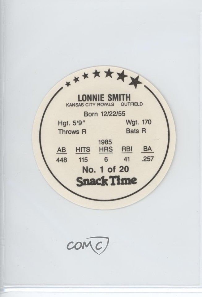 1986 KAS Snack Time Kansas City Royals Discs Lonnie Smith #1 0d8 | eBay