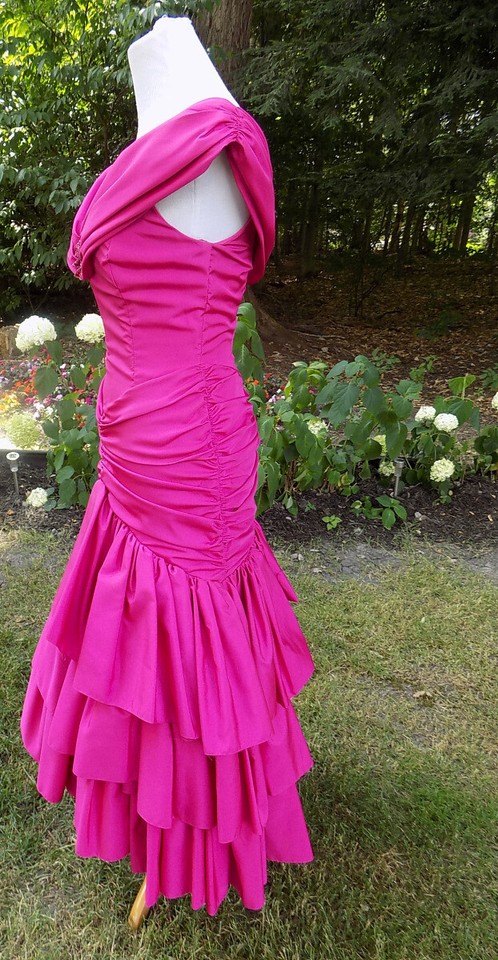 Vintage 80s Magenta Ruffled Cocktail Dress Off the Shoulder B34 | eBay