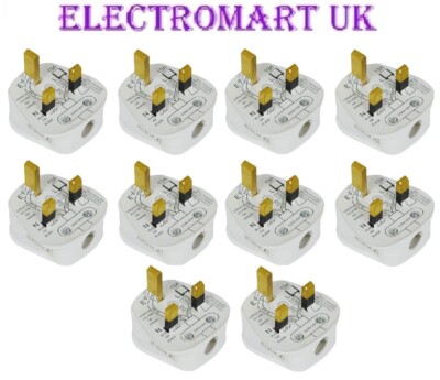 10 X UK 13A AMP 3 PIN MAINS ELECTRICAL PLUG WHITE 240V REWIREABLE BS ...