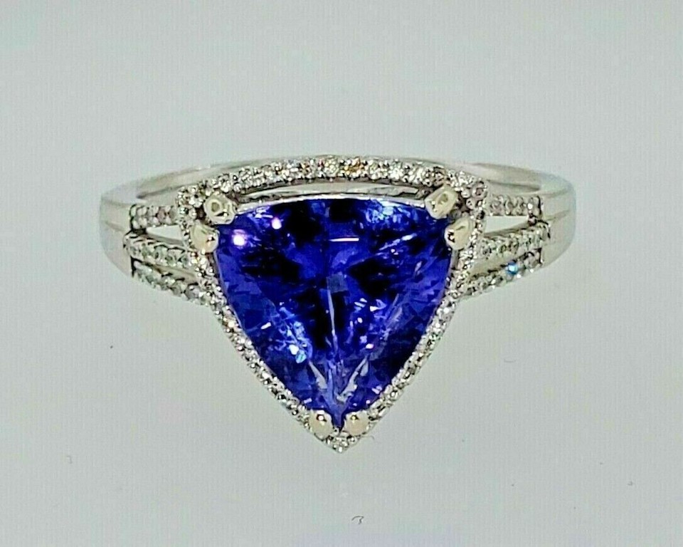 3Ct Trillion Cut Natural Tanzanite Halo Engagement Ring 14K Solid White ...