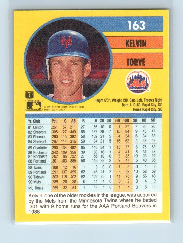 1991 Fleer Kelvin Torve New York Mets #163 | eBay