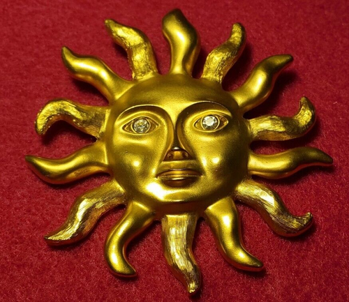 Yellow Gold & Rhinestone Aztec Sun God Brooch Avon Vintage 1974 Zodiac ...