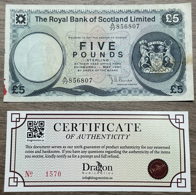 Royal Bank Of Scotland 5 Pounds 1980 P-337 CHOICE CRISP VF+ BANKNOTE ...