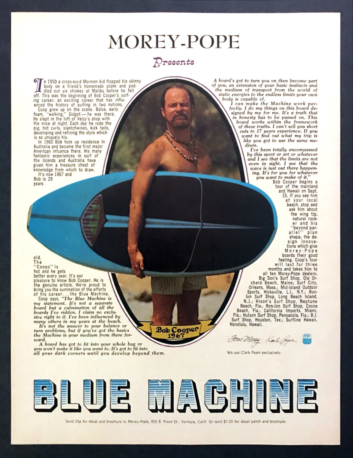 1967 Surfer Bob Cooper Blue Machine Surfboard photo "Statement" vintage ...
