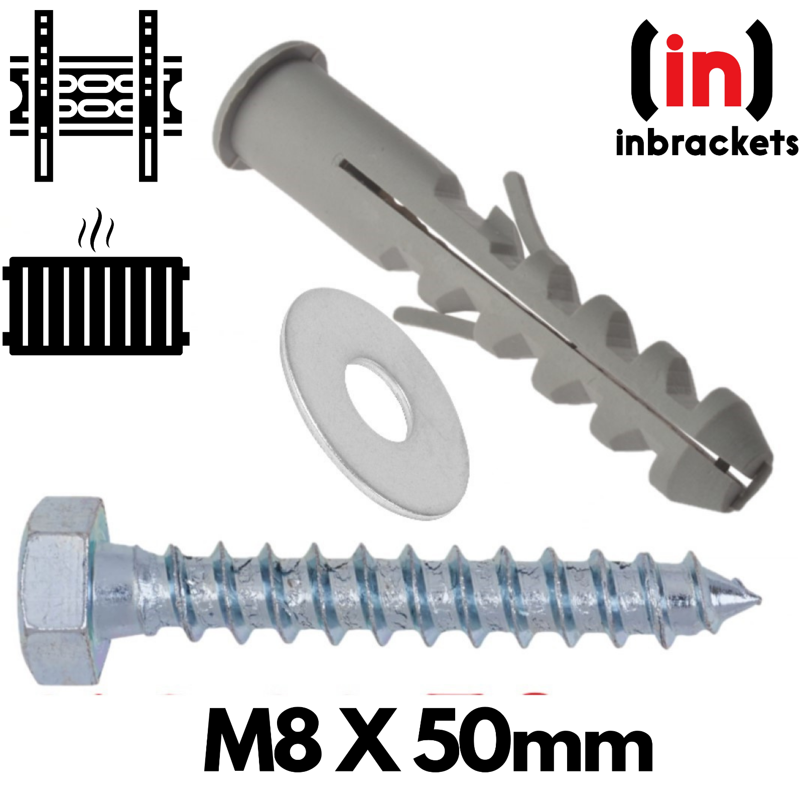 M8 x 50mm Steel Bolts c/w Wall Plugs & Washers Satellite Aerial TV ...