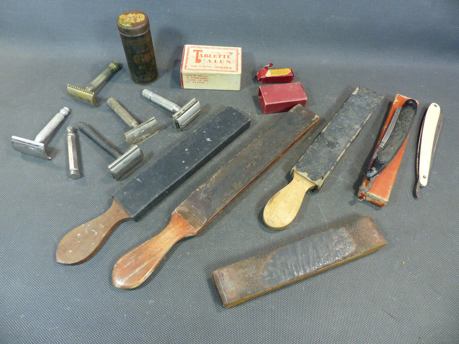 Lot Of Various Barber Items Vintage Straight Razors Leather Sharpener ...