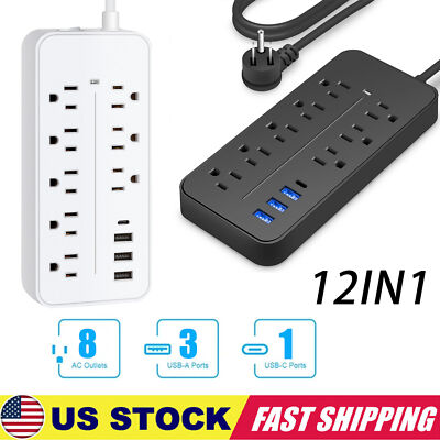 4FT Power Strip Surge Protector 8 AC Outlets 3 USB Ports + Type C Port ...