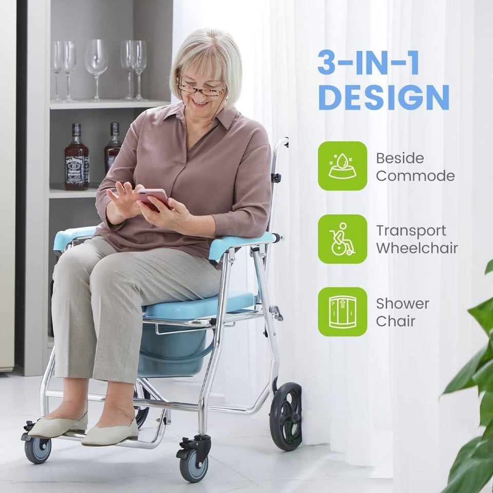 OasisSpace Folding Transport Shower Chair Beside Commode Wheelchair ...