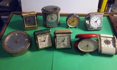 Junk Drawer Lot 9 Vintage ALARM CLOCKS Travel Clam Folding & Other some ...