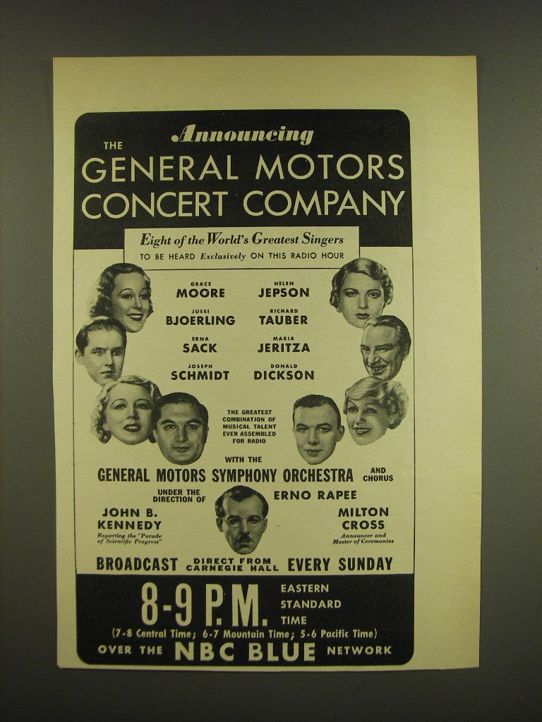 1937 NBC Blue Network Ad - Grace Moore, Helen Jepson, Jussi Bjoerling ...