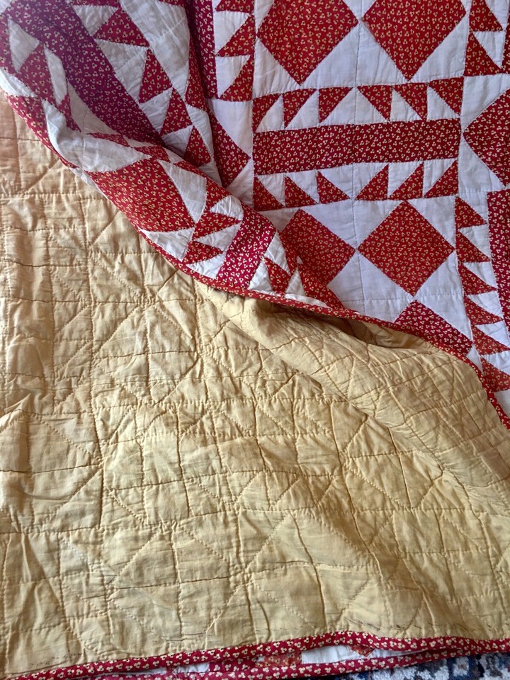 Antique Primitive Distressed Red Yellow Calico Patchwork Cotton Quilt ...