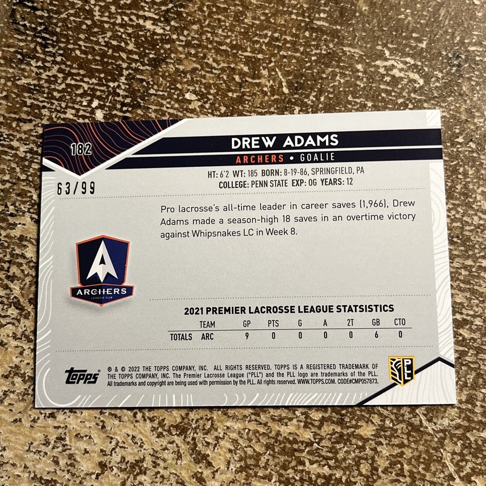 Drew Adams 2022 Topps Premier Lacrosse League PLL Blue Parallel Card ...