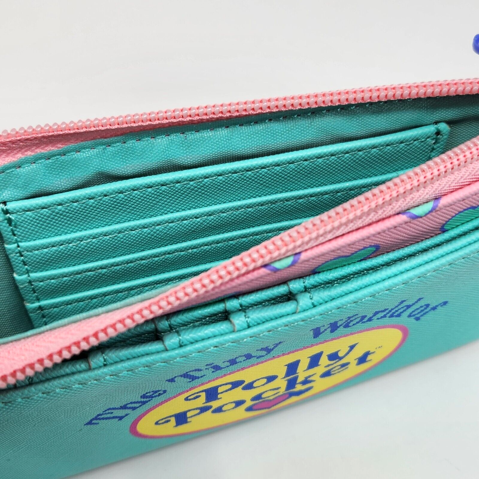 NEW 2021 MATTEL POLLY POCKET PINK + TEAL LONG CLUTCH ZIPPER WALLET W ...
