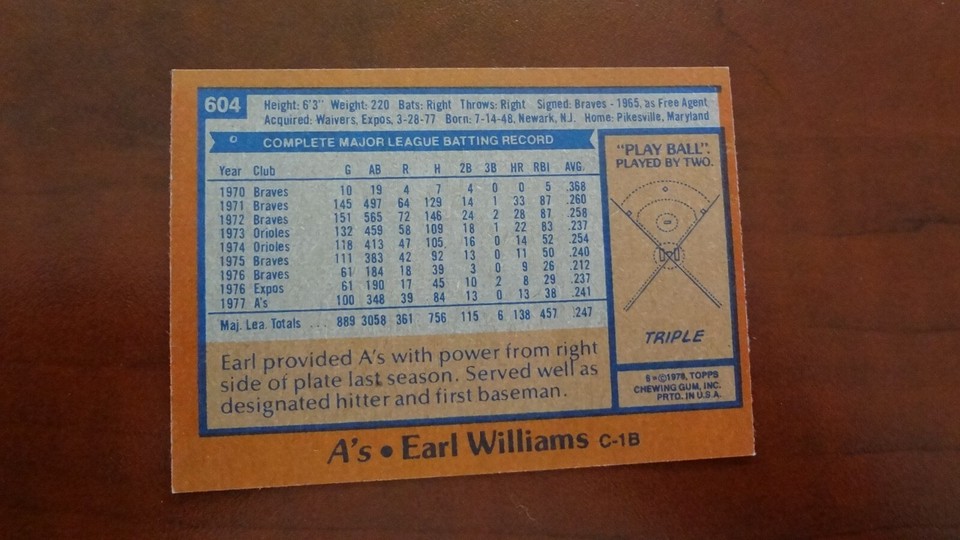 1978 TOPPS # 604 EARL WILLIAMS BASEBALL CARD | eBay