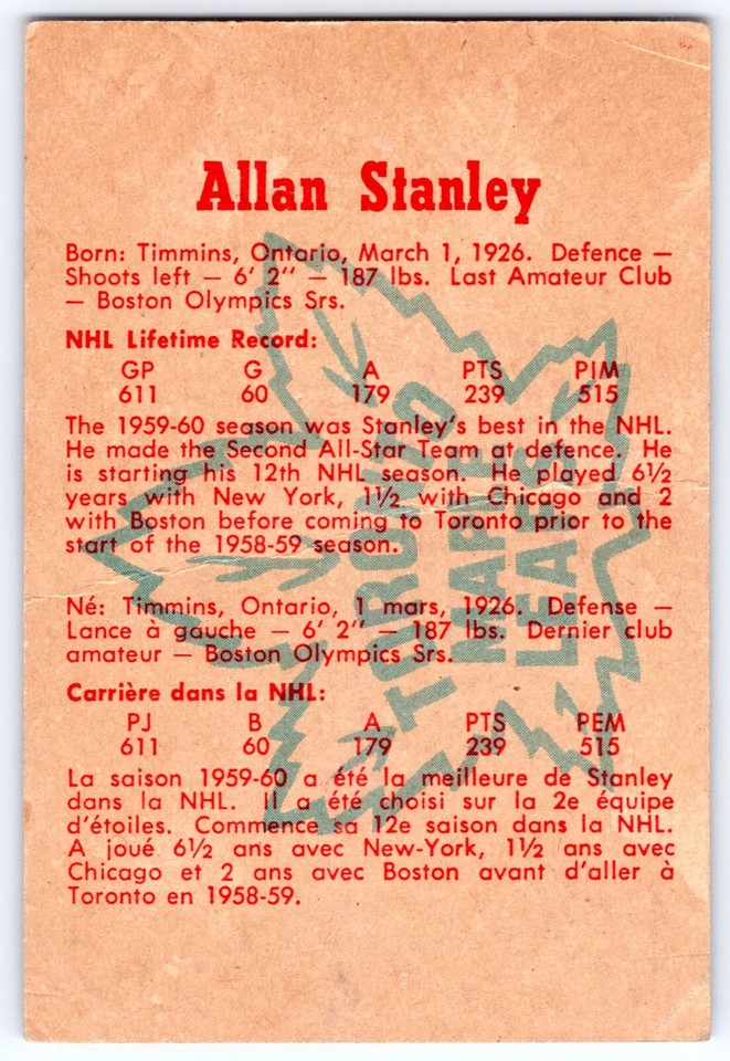 ALLAN STANLEY 1960-61 PARKHURST 60-61 NO 16 VG+ 93444 | eBay