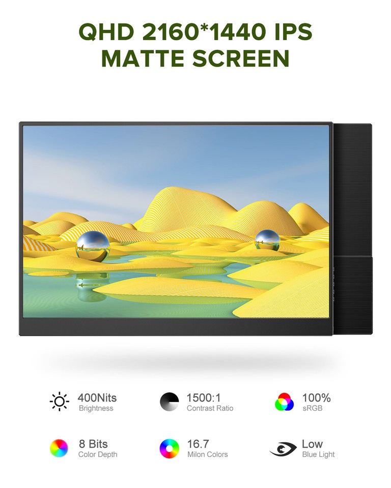 14" 2K Portable Monitor 3:2 Monitor IPS LCD Display Speakers Screen For ...