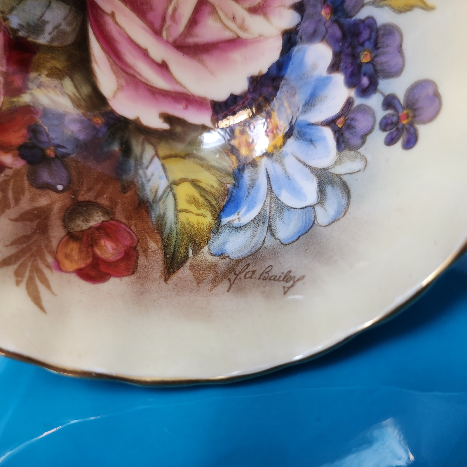 Aynsley Cabbage Rose Turquoise Teacup & Saucer Bone China England ...