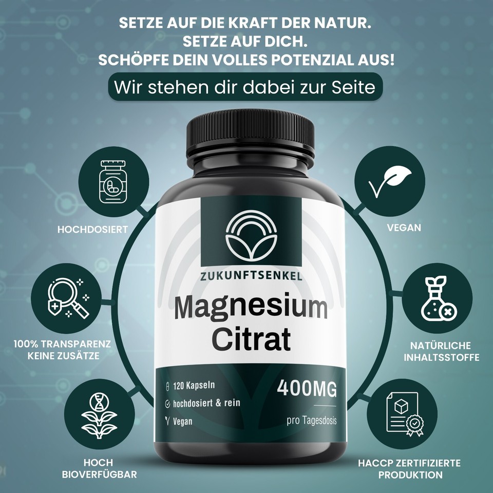 Magnesiumcitrat 120 Kapseln Hochdosiert Magnesium Citrat 400mg Komplex ...
