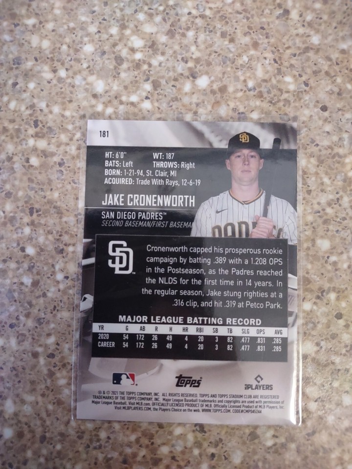 2021 Jake Cronenworth Topps Stadium Club Orange Parallel #181 Rookie ...