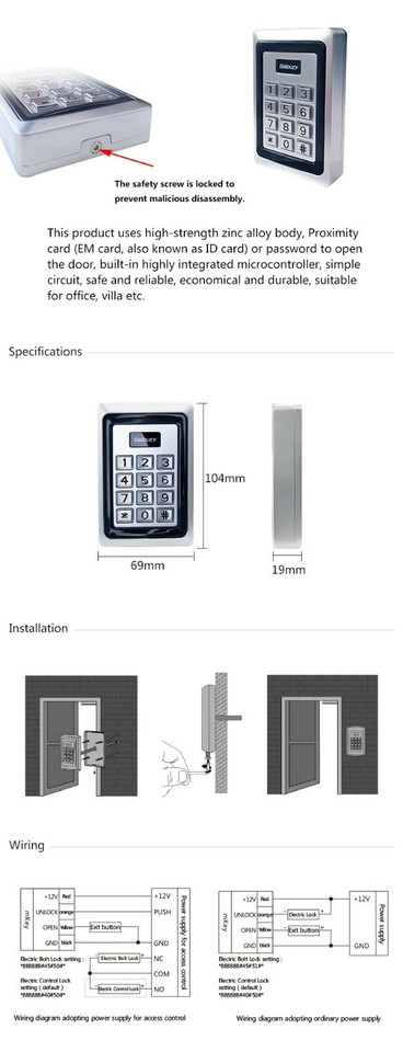 Sebury mKey Metal standalone Access Control 125Khz RFID EM Password ...