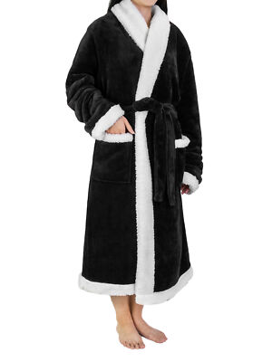 Womens Sherpa Lined Robe Plush Soft Warm Long Fleece Winter Bathrobe ...