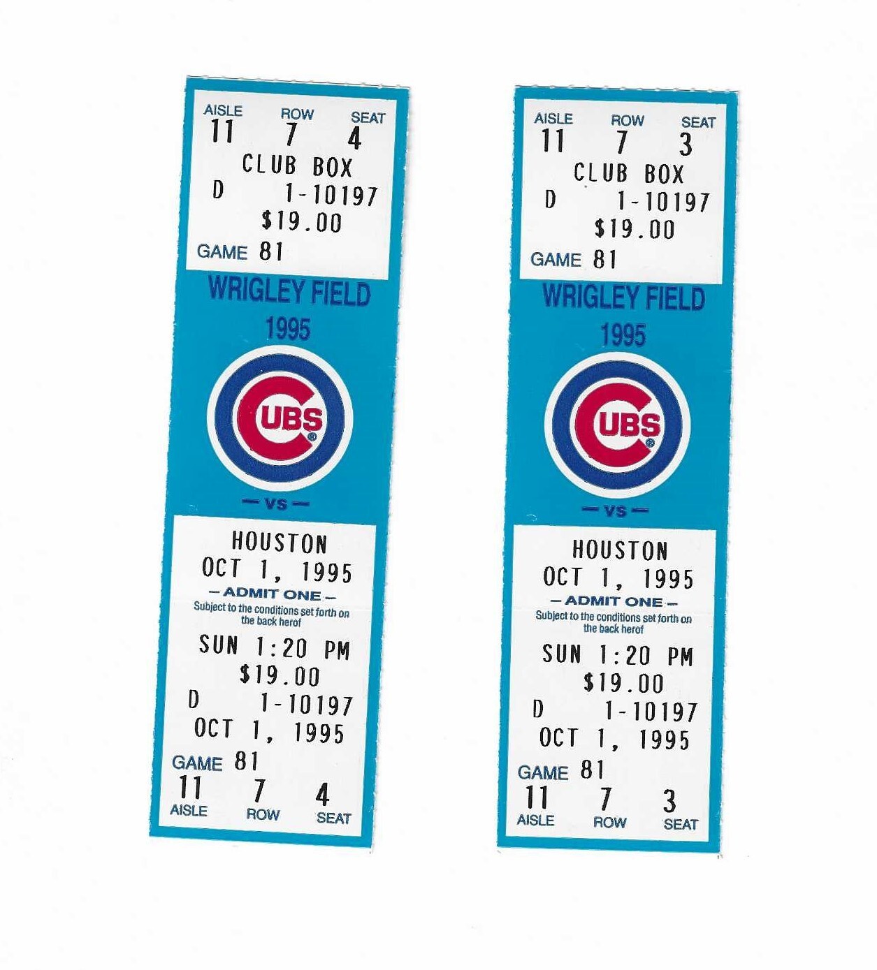 Chicago Cubs vs Houston Astros Unused Baseball Tickets from 10/1/1995 ...