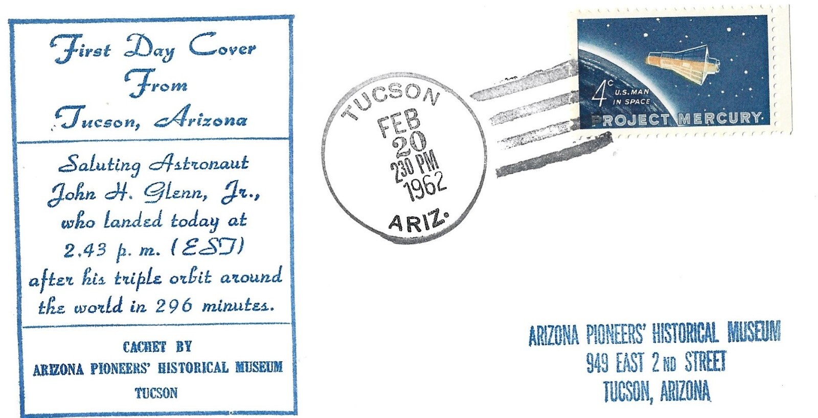 1962 1193 4 cent Project Mercury FDC 1st Cachet Arizona Historical ...