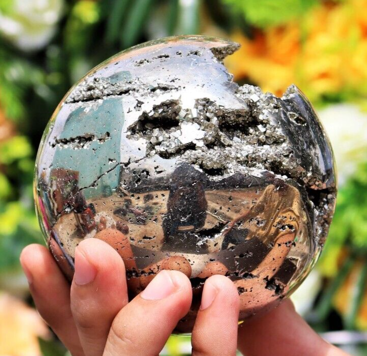 90MM Gold Pyrite Sphere Energy Metaphysical Crystal Meditation Gemstone ...